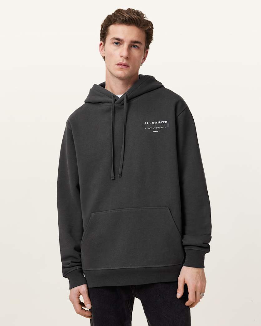 Redact Pullover Embroidered Logo Hoodie Washed Black | ALLSAINTS